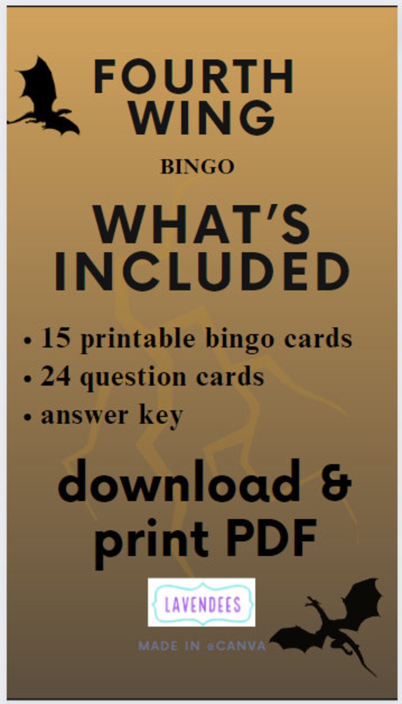 Book Bingo Fourth Wing by Rebecca Yarros Bingo Game Gift for Book Lover ...