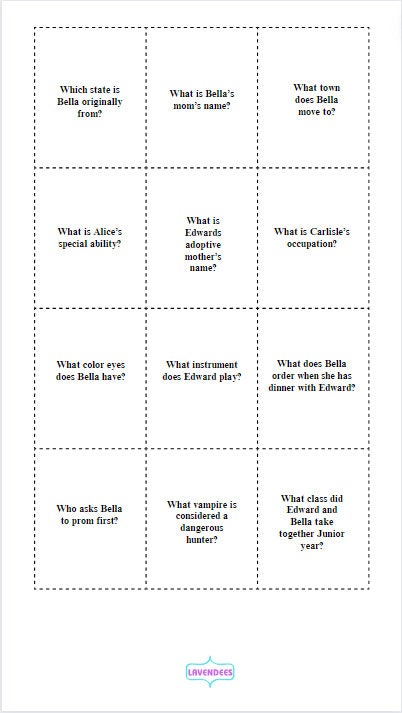 Book Club Bingo Twilight by Stephenie Meyer Bingo Game Gift for Book ...