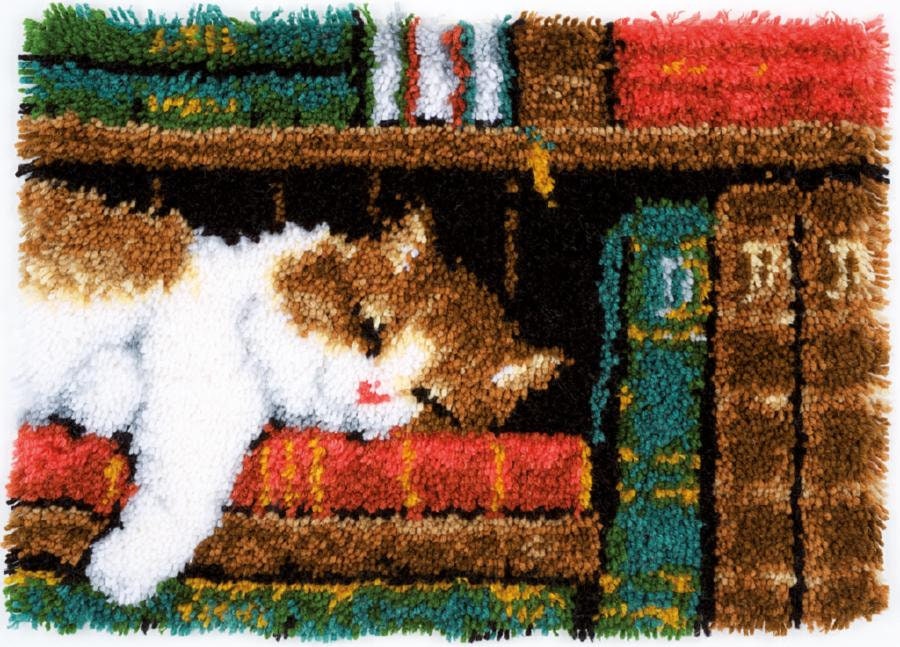 Cat Latch Hook Rug Kit Rug Vervaco Cat on books Rug Hooking | Etsy