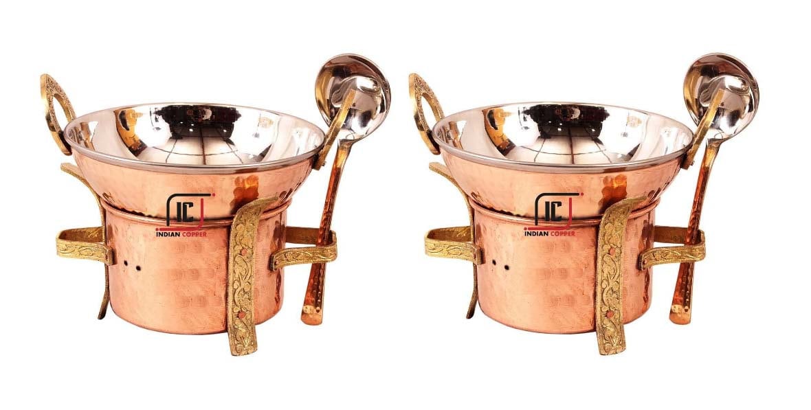 Kitchen Set Copper Sigri With Brass Stand, 1 Steel Copper Kadai-500 ML ...