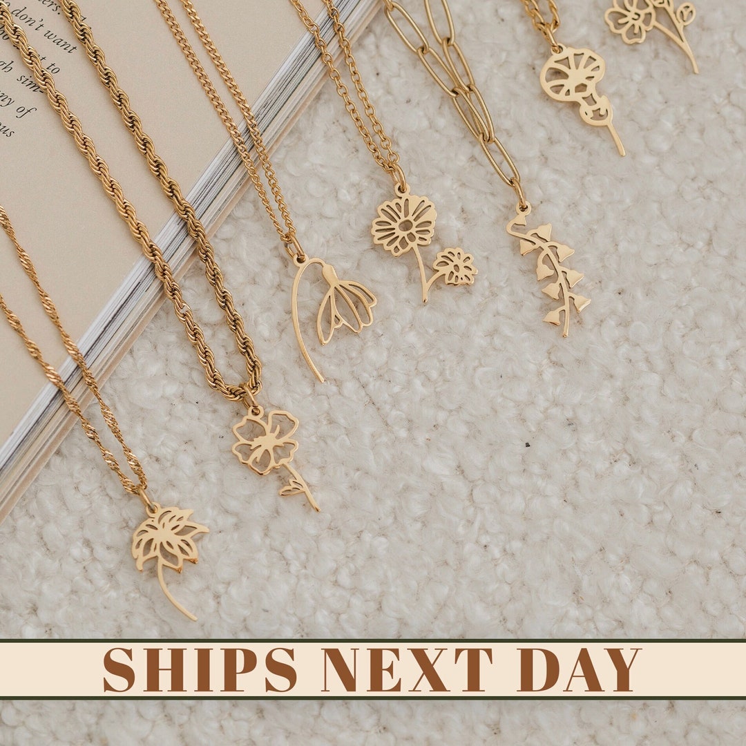 18K Custom Chain Necklace, Birth Flower Necklace, Birthflower Jewelry ...