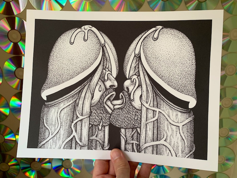 Two Cocks Kissing 7 5 X 10 Etsy