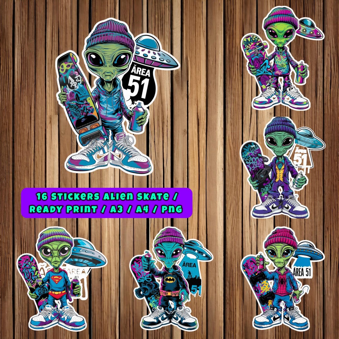16 Stickers Alien Skate / Stickers / Alien Skate / Ready Print / PNG ...