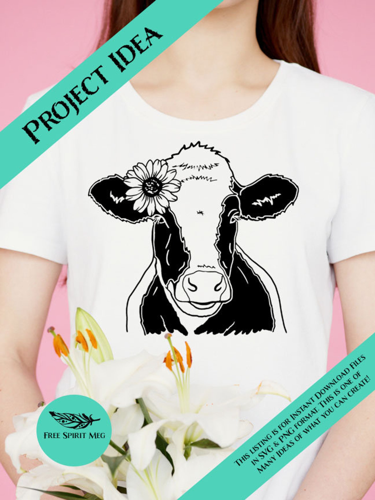 Cow With Flower SVG & PNG 2 Files Instant Download Holstein - Etsy