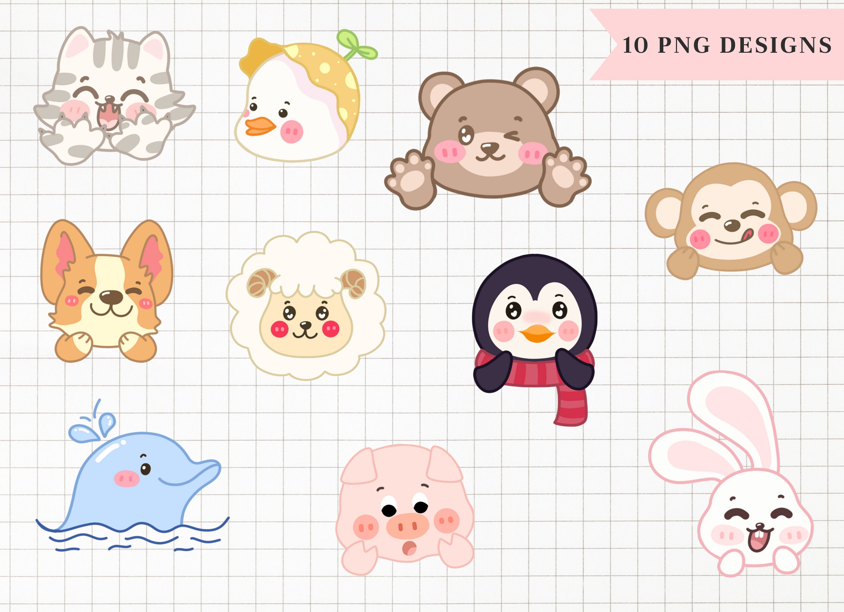 10 Cute Kawaii Animals PNG Files Printable Stickers Sublimation Png ...