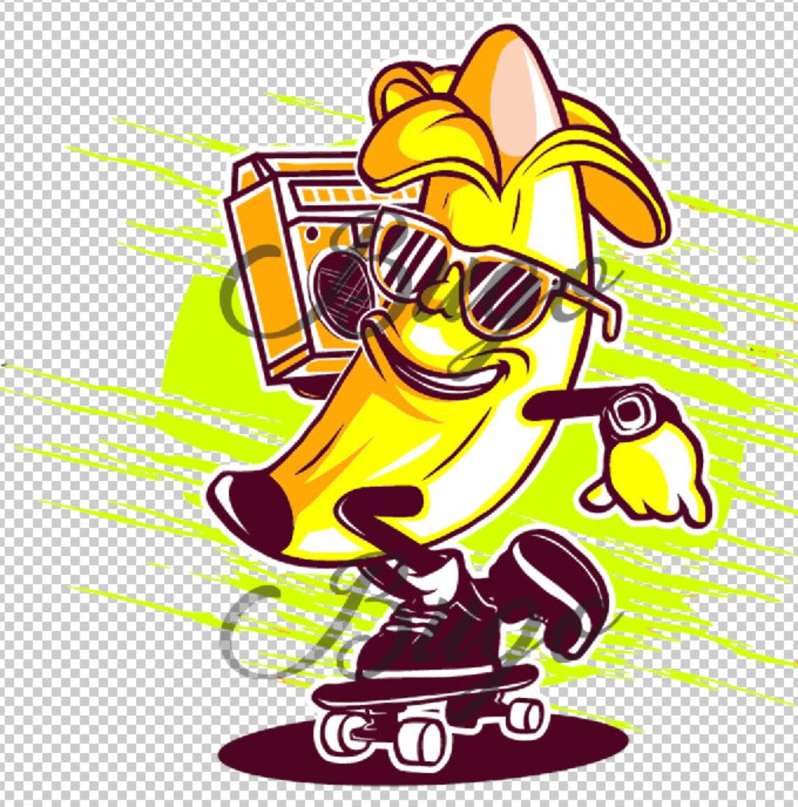 Banana Cartoon Character Riding Skateboard SVG Design Cool Jelly Gem ...