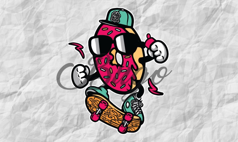 Donut Mug Cartoon Character Riding Skateboard SVG Design Cool Jelly Gem ...