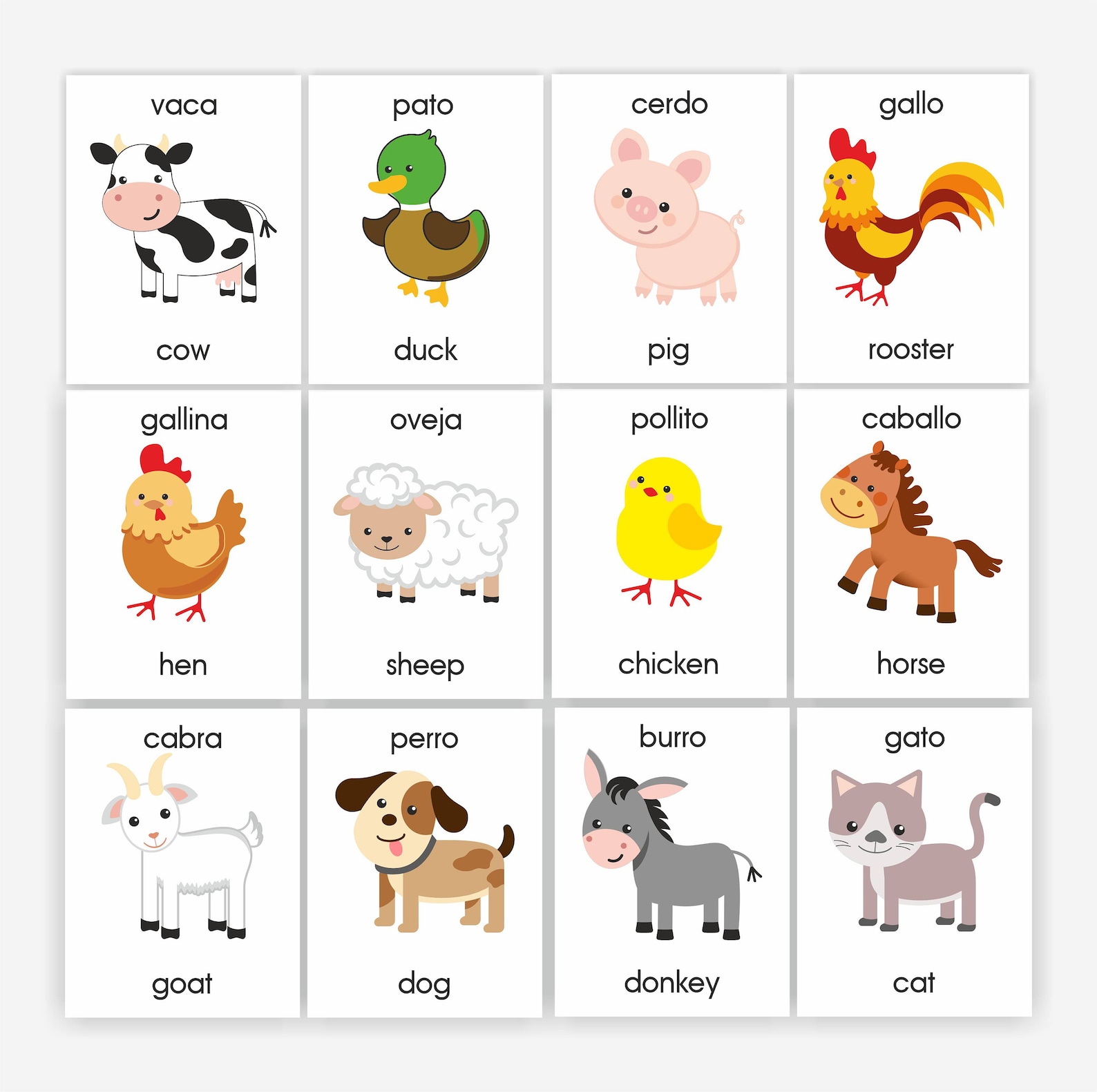 Farm Animal Flashcards Spanish English Flashcard English | Etsy
