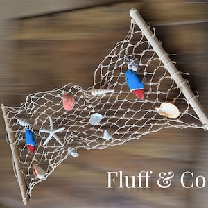 Hanging FISHING NET With Natural Sea Shells and Wooden Fish, Nautical ...