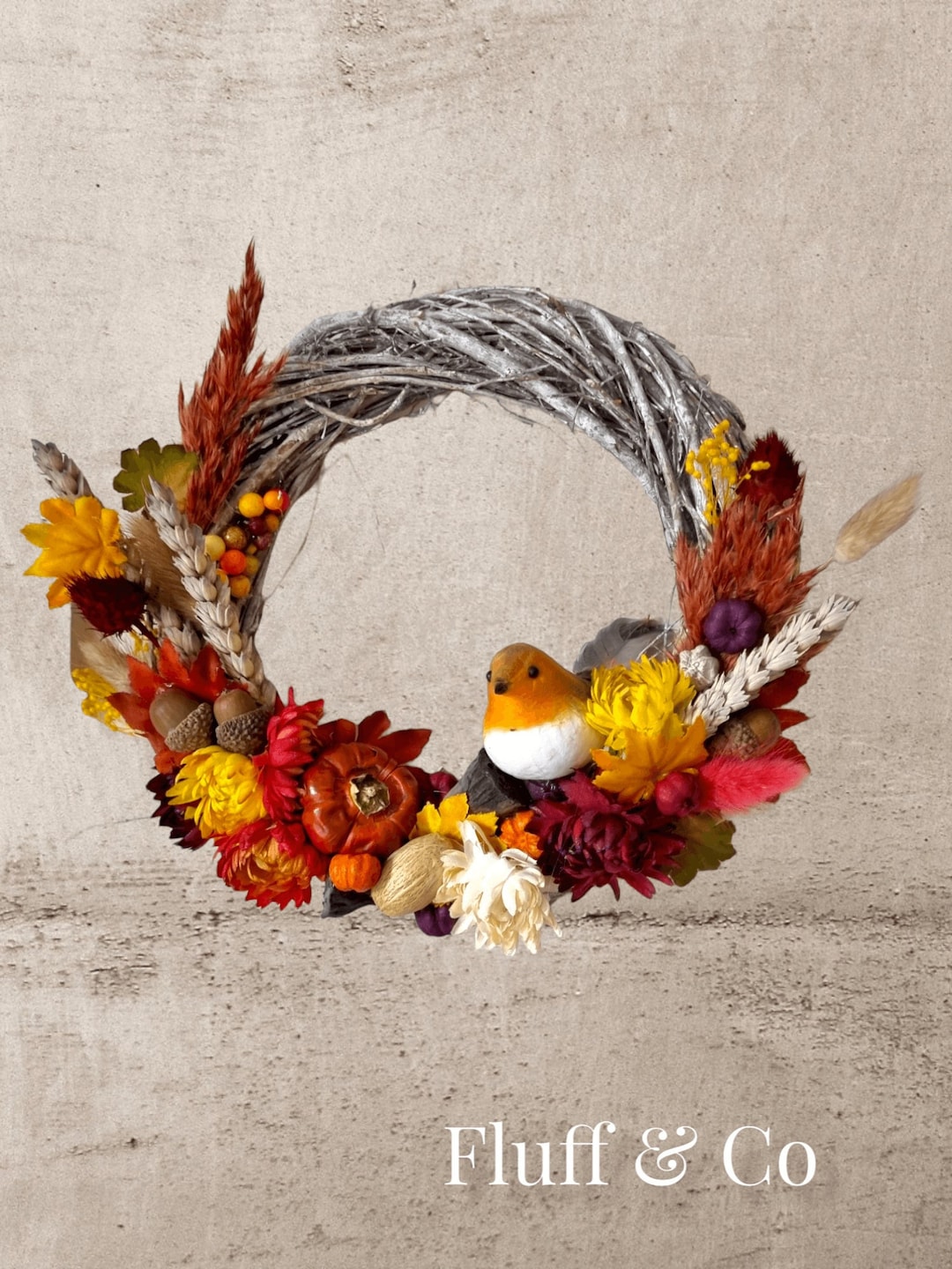 AUTUMN WREATH With Robin BIRD, Mini Pumpkins & Flowers – Cosy Door ...