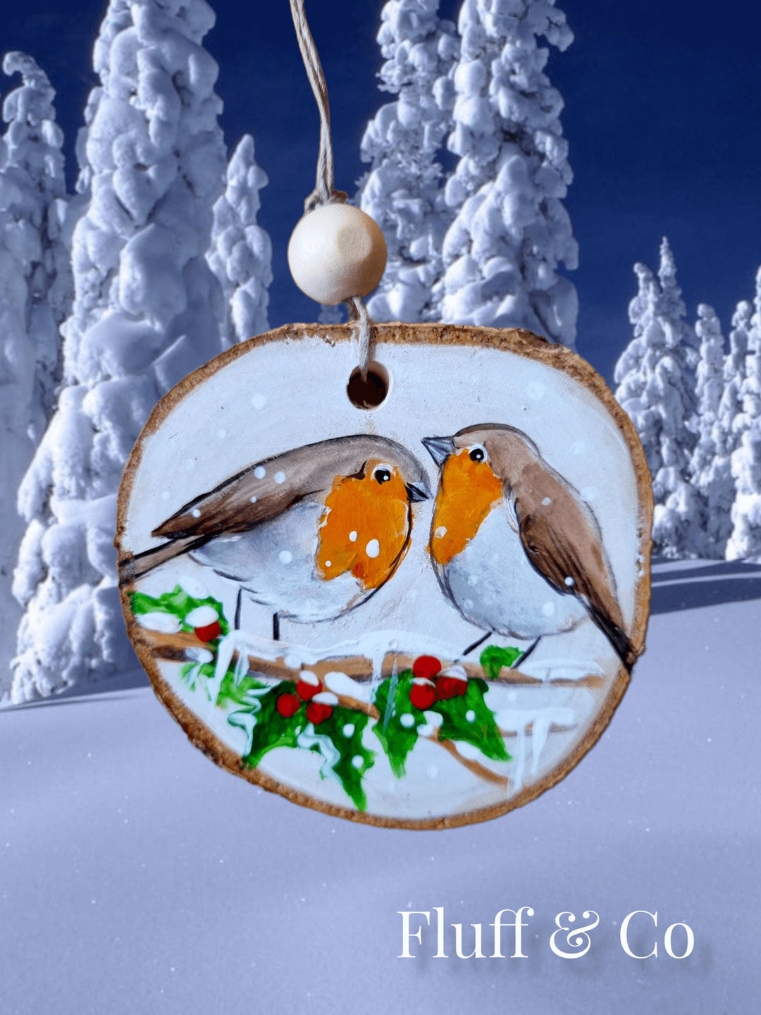 2 Robin Birds on Birch Wood Slice Hand Painted Hanging Decoration Home ...