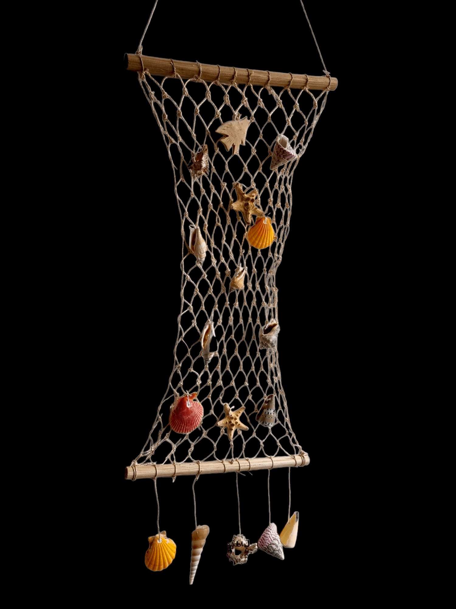 Hanging Fishing Net With Natural Sea Shells, Wooden Fish, Starfish Wall ...