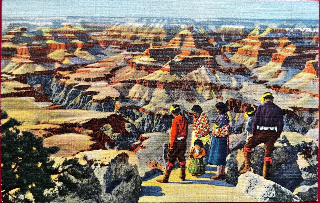 Native American Family Overlooking Grand Canyon - Linen Postcard 1930s ...