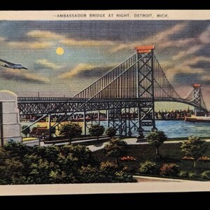 Ambassador Bridge at Night, Detroit Michigan - Vintage Linen Postcard ...