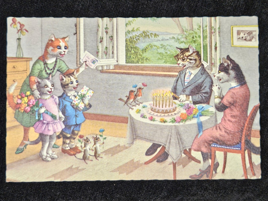 Alfred Mainzer Fantasy Postcards - Cat Family Birthday Party -anthropomophic Cats- Eugen Hartung ...