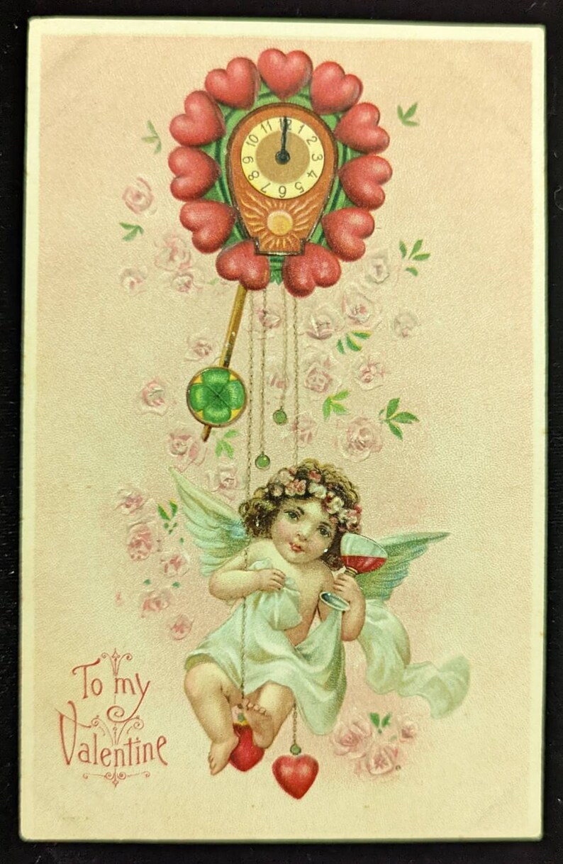To My Valentine With Cupid and Heart Clock Vintage Valentine Postcard ...