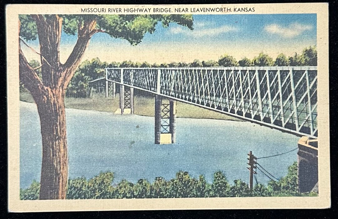 Missouri River Highway Bridge, Near Leavenworth, Kansas - Linen Vintage ...