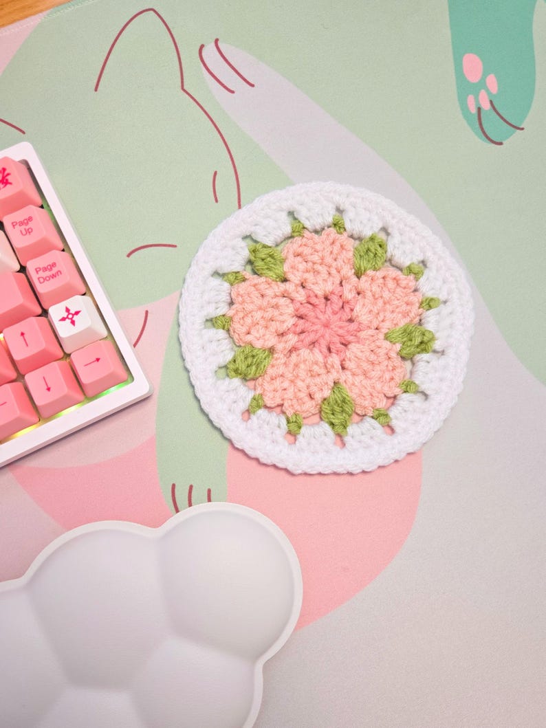 Round Sakura Cherry Blossom Crochet Coaster | Cute Japanese Beverage ...