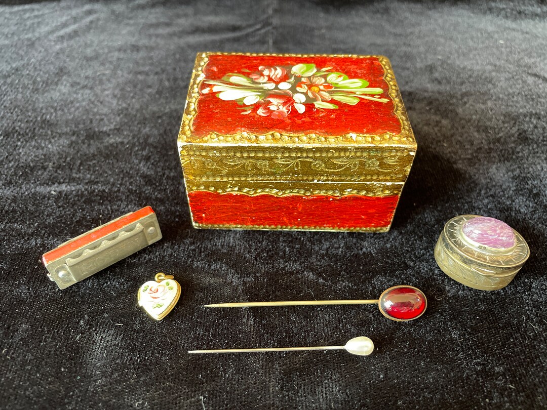 Vintage Wood Box and Antique Items: Pins, Pill Box, Harmonica, Pendant ...