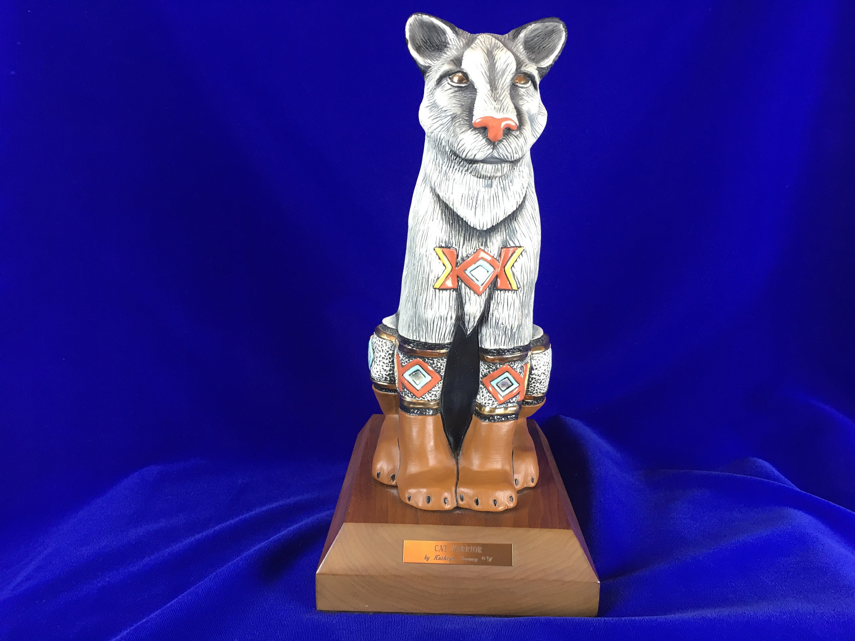 Kathryn Yauney Cat Warrior Ceramic Sculpture With Wood Base Excellent ...