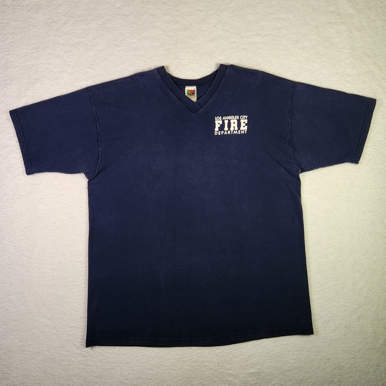 VINTAGE Los Angeles City Fire Department Shirt XXL Navy Cotton V-neck T ...