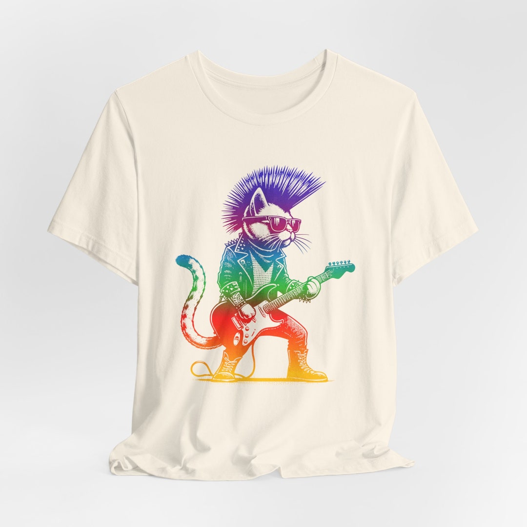Gato punk divertido, gato rockero tocando guitarra camisa arcoíris ...