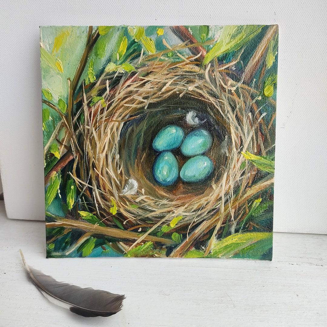 Bird Nest Original Oil Painting With Blue Turquoise Eggs Cozy - Etsy