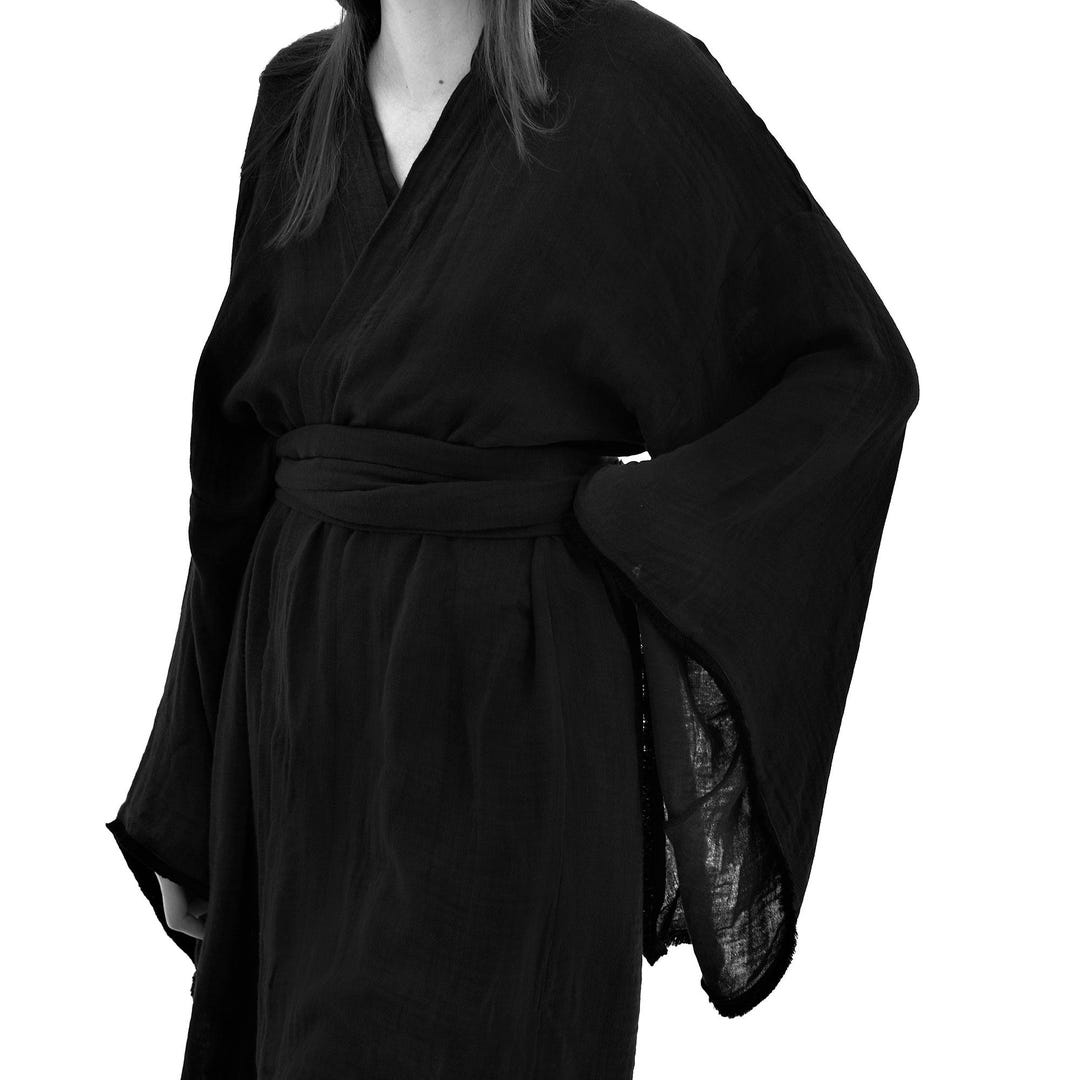 Black Cotton Kimono Robe: Bohemian Tassel Jacket, Plus Size - Etsy