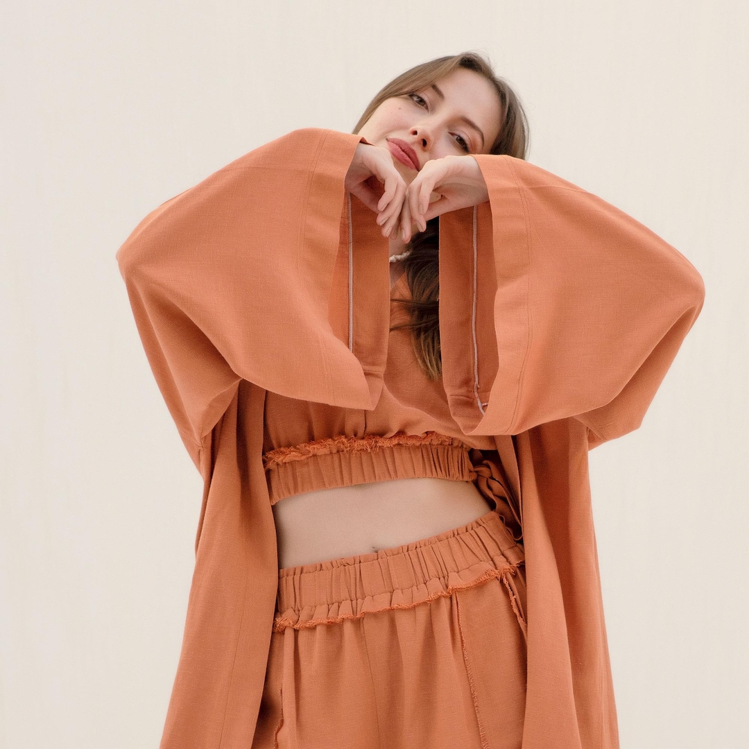 Nomad Linen Kimono Bohemian Kimono Jacket Orange Unisex Kimono Kimono ...