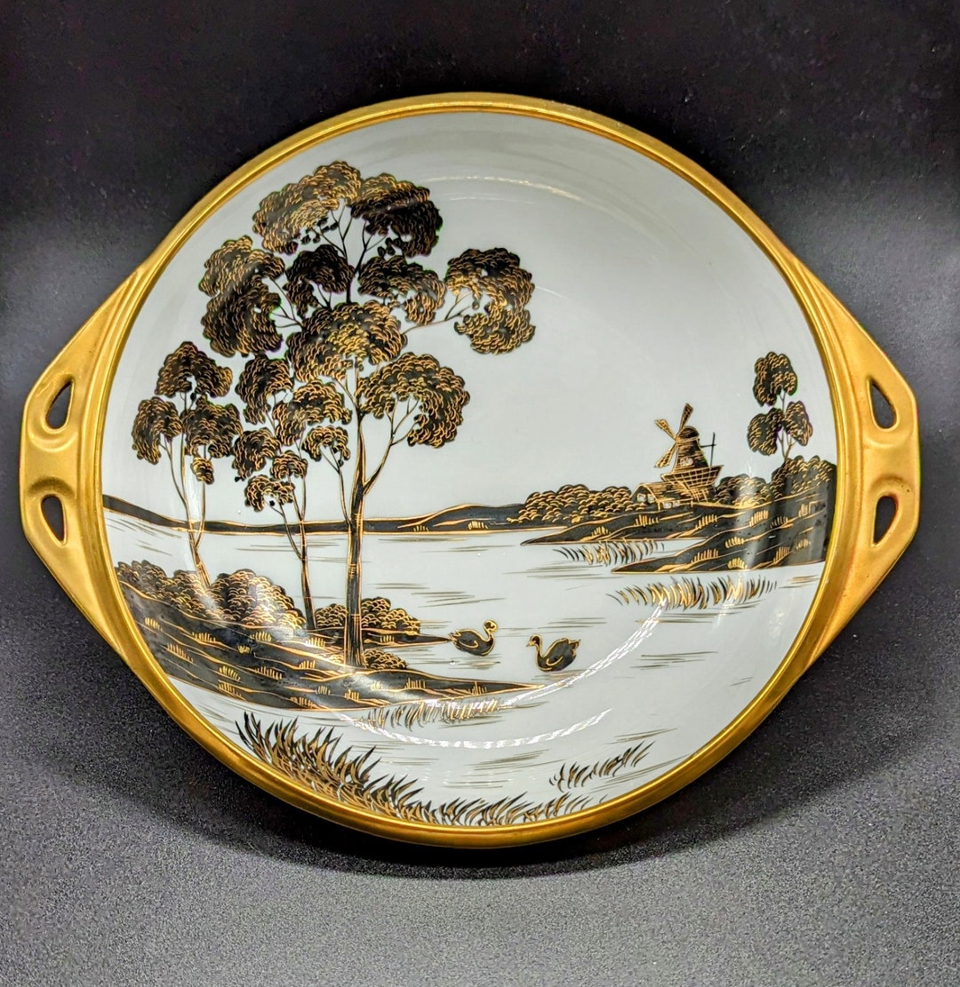 Nippon Morimura Handled Bowl With Black and Gold Handpainted Lake Scene ...