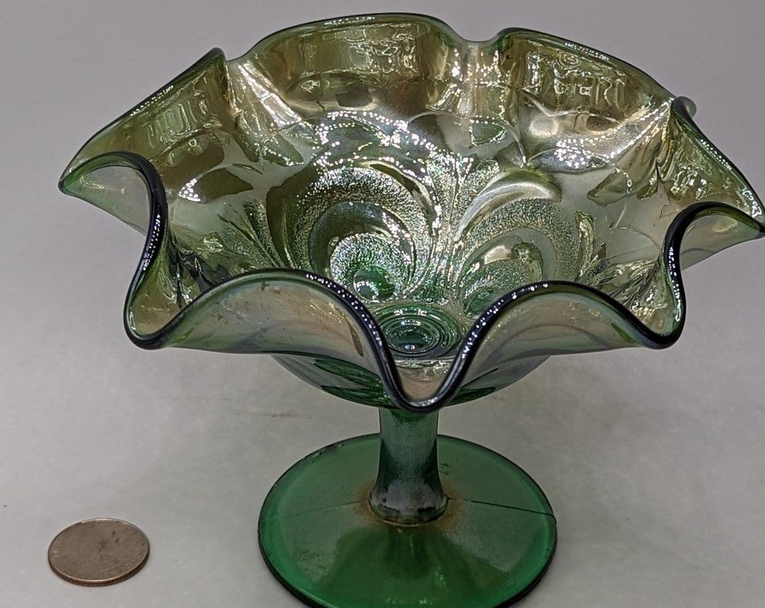Imperial Carnival Glass - Helios Green - Embossed Scroll - Pedestal ...