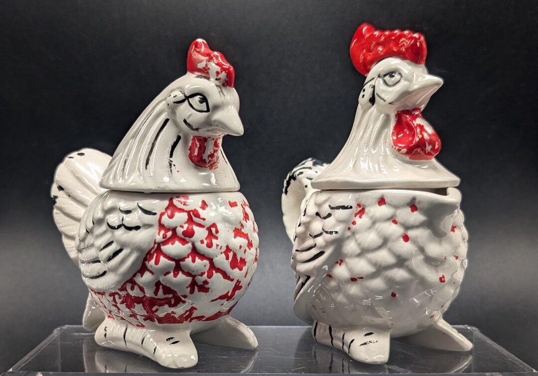 Rooster and Hen Chicken 4-piece Ceramic Condiment Set, Salt, Pepper ...