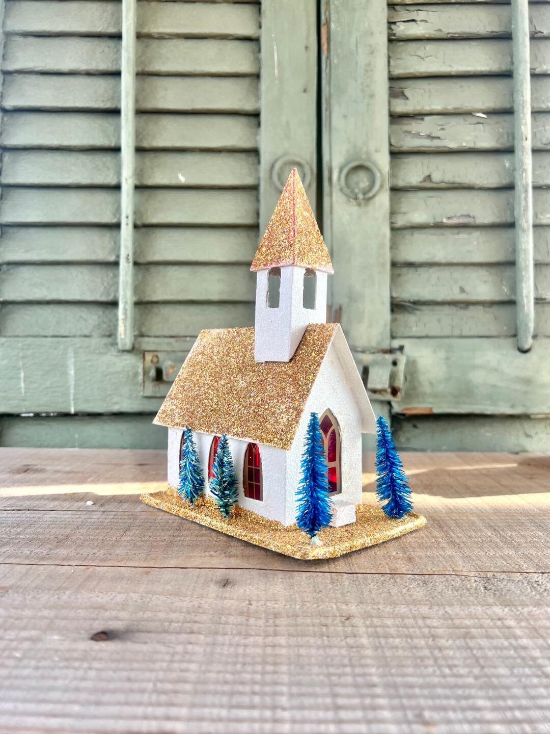 Beautiful Vintage Putz Church With Gold Glitter & Cellophane Intact ...