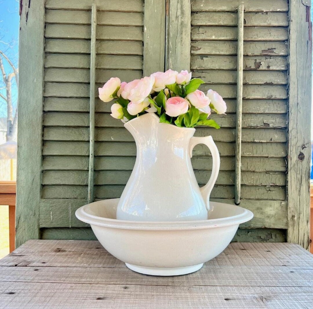 Gorgeous Antique White Ironstone Pitcher & Basin Set unmarked Farmhouse ...