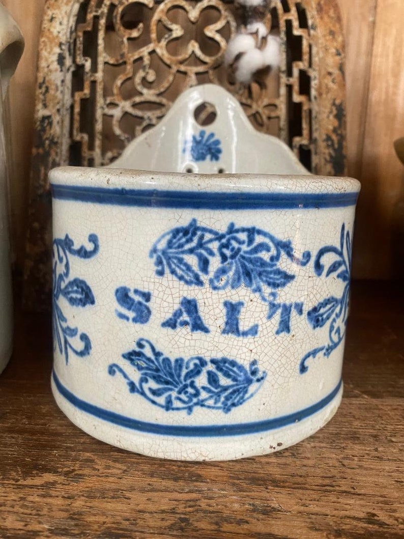 Gorgeous Antique Stoneware Salt Box With Cobalt Transfer no | Etsy