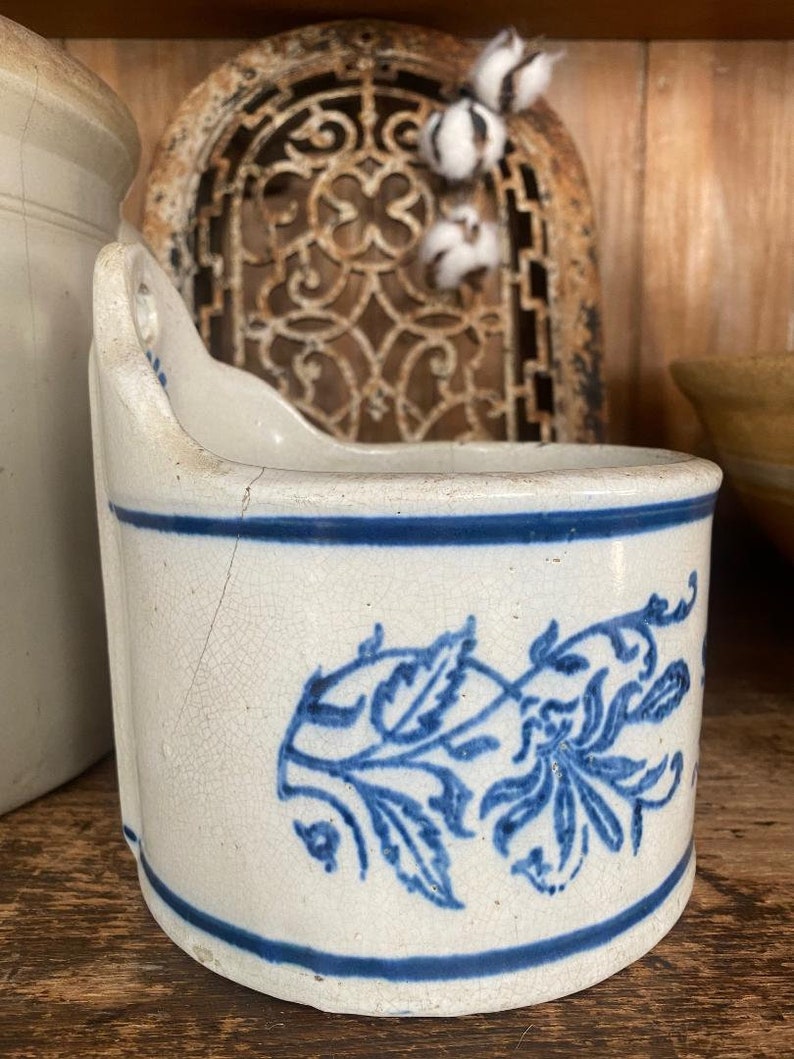 Gorgeous Antique Stoneware Salt Box With Cobalt Transfer no | Etsy