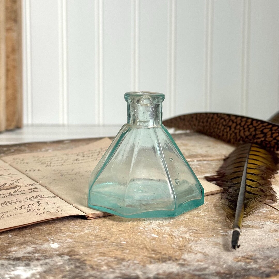 Gorgeous Rare Antique "umbrella" Hand Blown Aqua Glass Inkwell With 8 ...