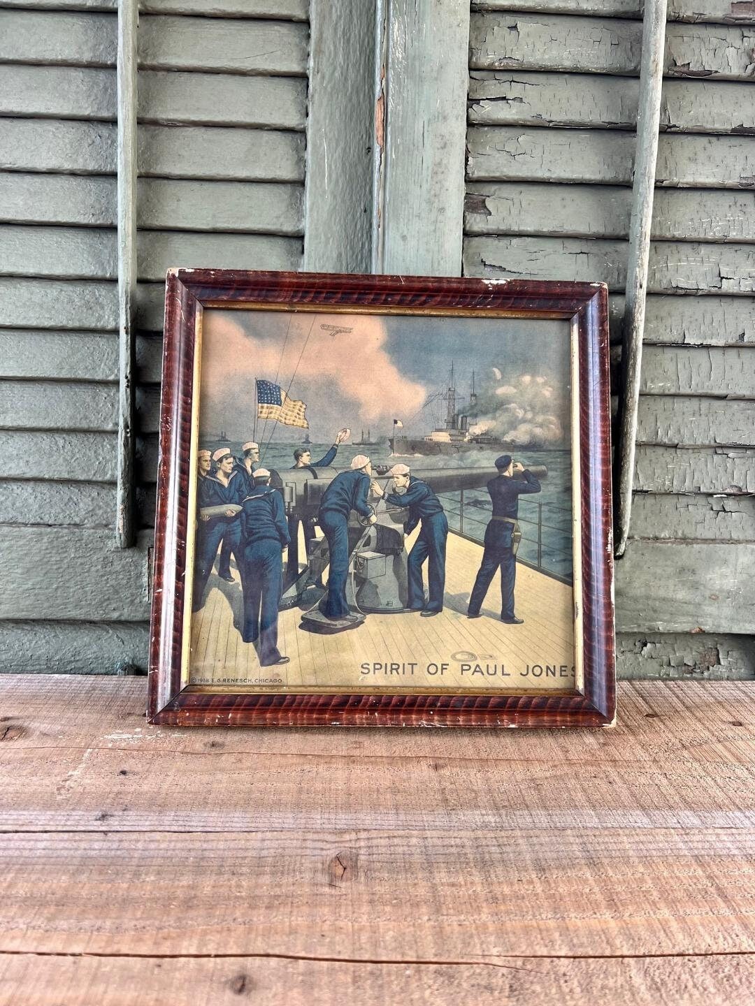 Rare Antique 1918 Framed WWI Lithograph | Spirit of Paul Jones | E.G ...