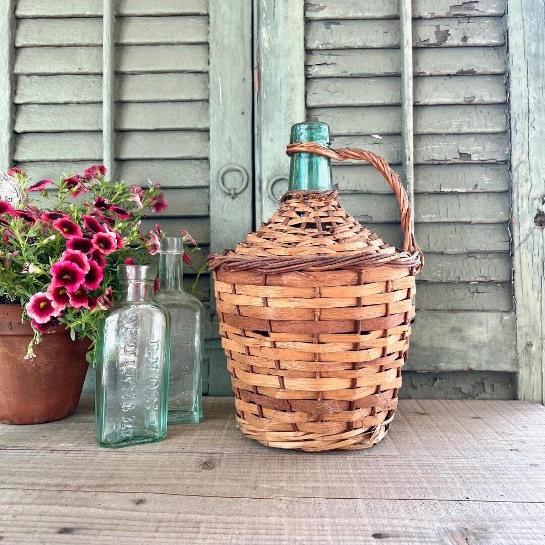 Vintage Green Glass Demijohn Bottle – Wicker Wrapped, Spanish Farmhouse ...