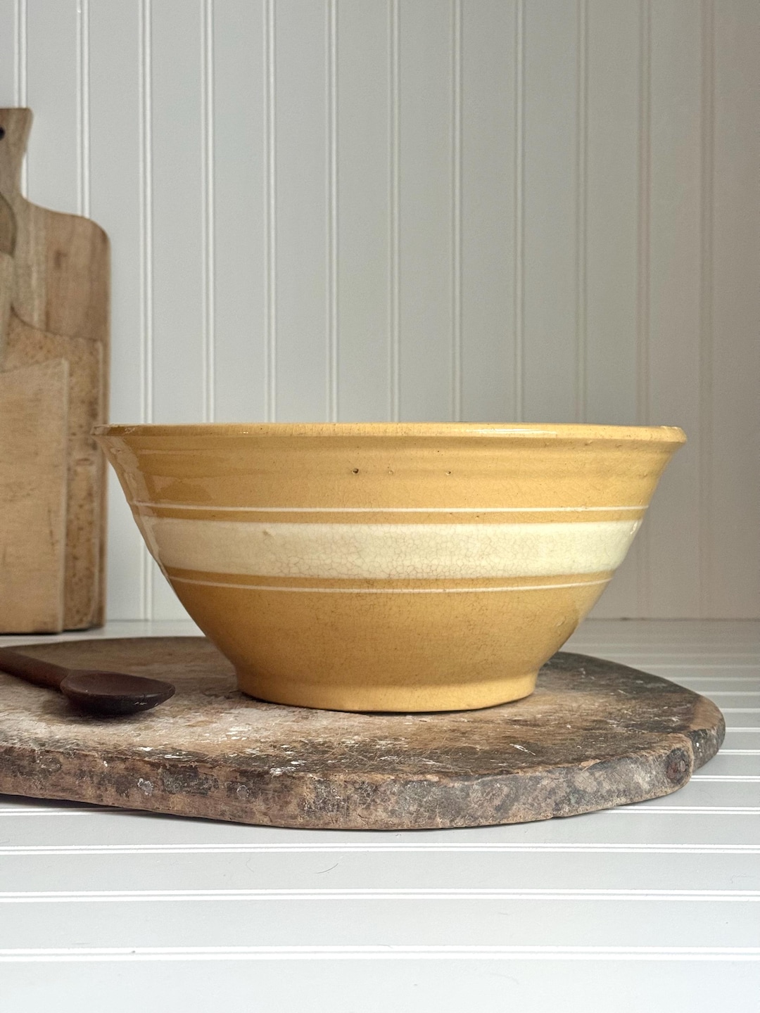 Beautiful Antique Yellow Ware Bowl With White Band & White Stripes (has ...