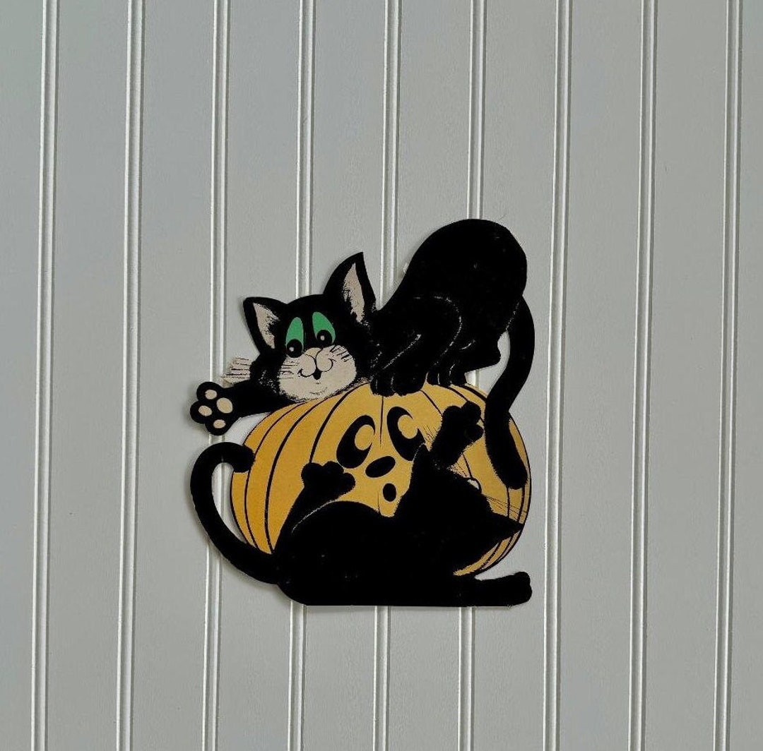 Vintage Halloween Die Cut, Fuzzy Black Cats Playing on a Slightly ...