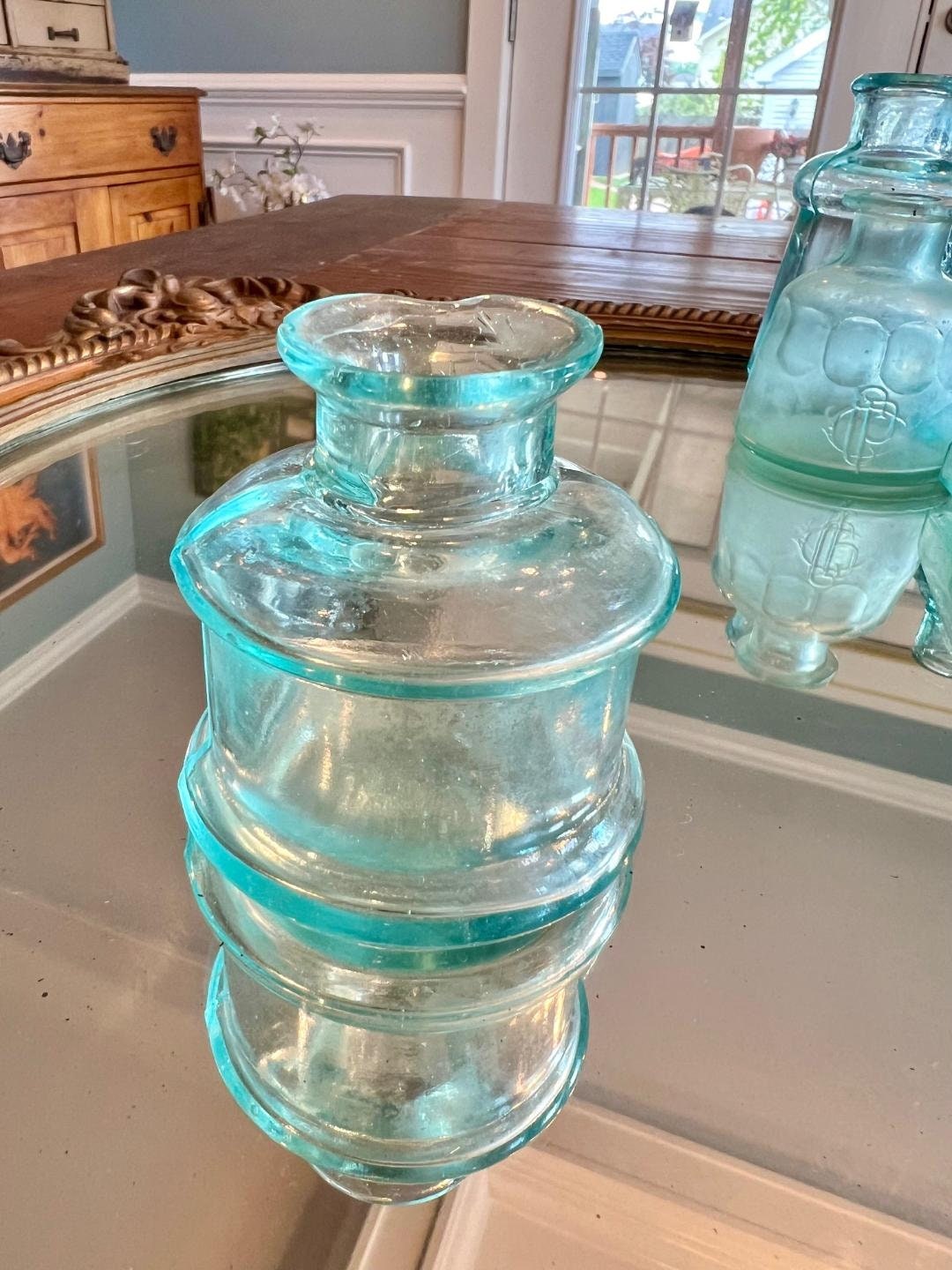 Beautiful Larger Round Antique Aqua Glass Inkwell (small Smooth Chip ...