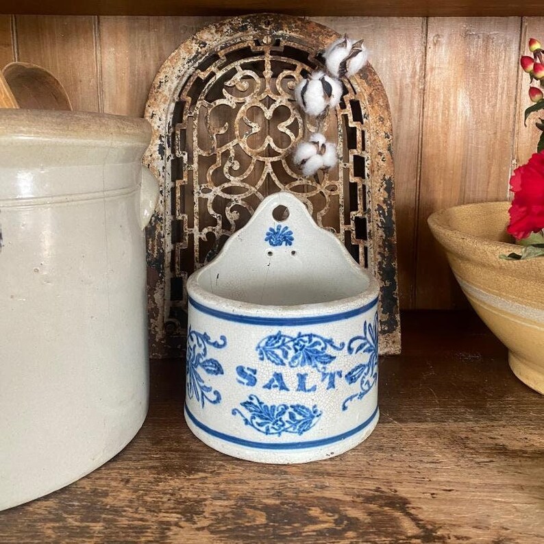 Gorgeous Antique Stoneware Salt Box With Cobalt Transfer no | Etsy