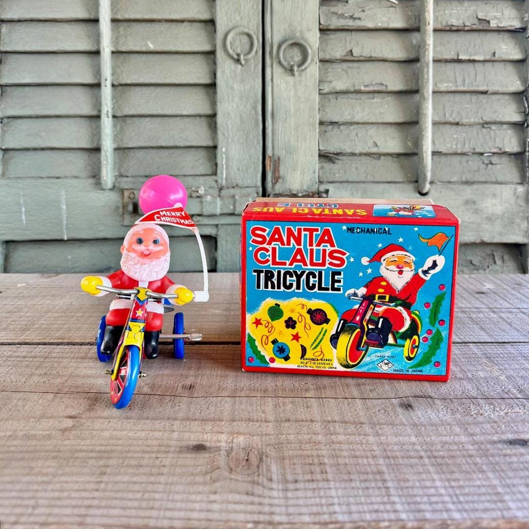 Wonderful Vintage Santa Claus Tricycle Toy (works) & Vintage Box With ...