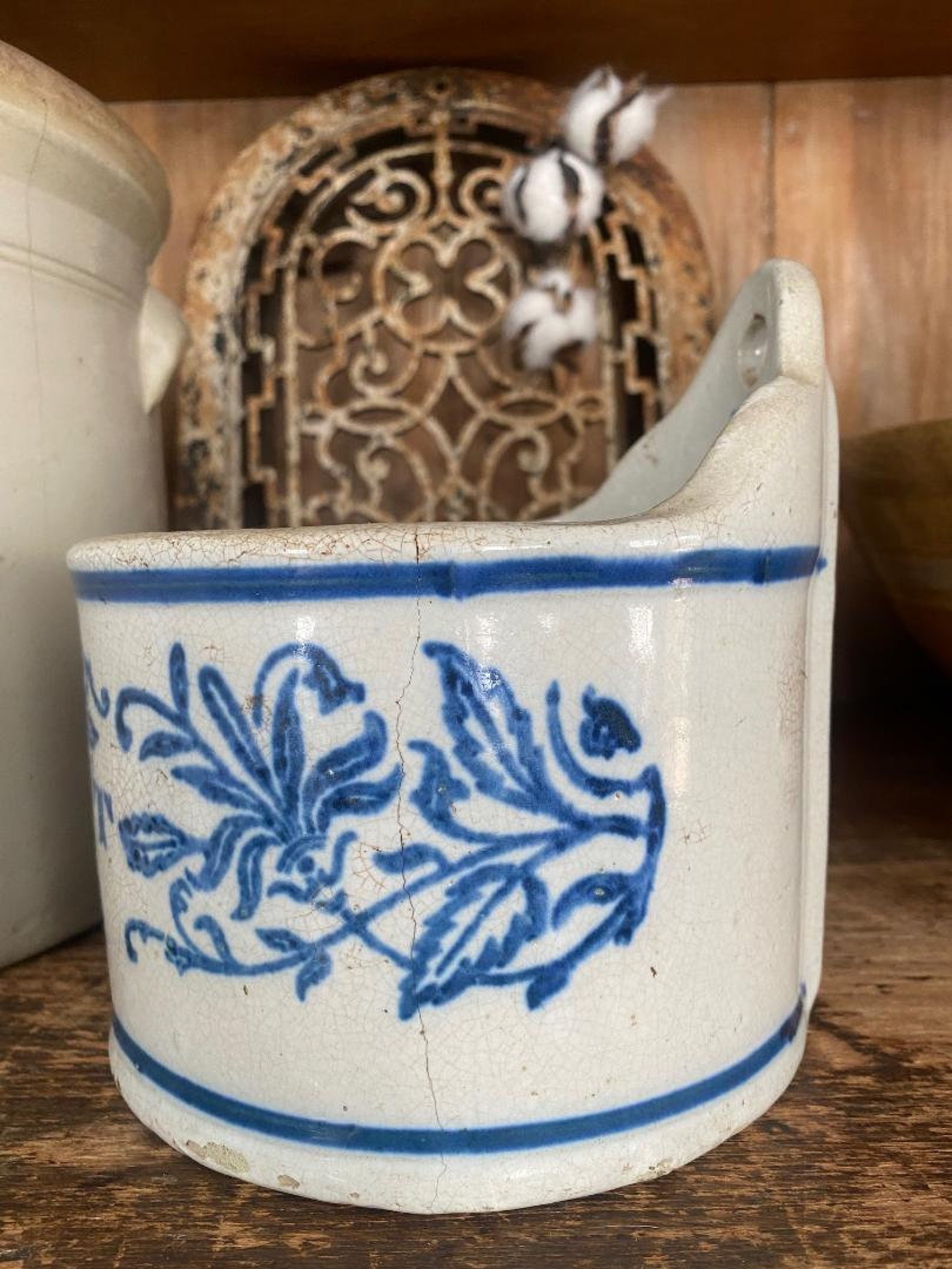 Gorgeous Antique Stoneware Salt Box With Cobalt Transfer no | Etsy