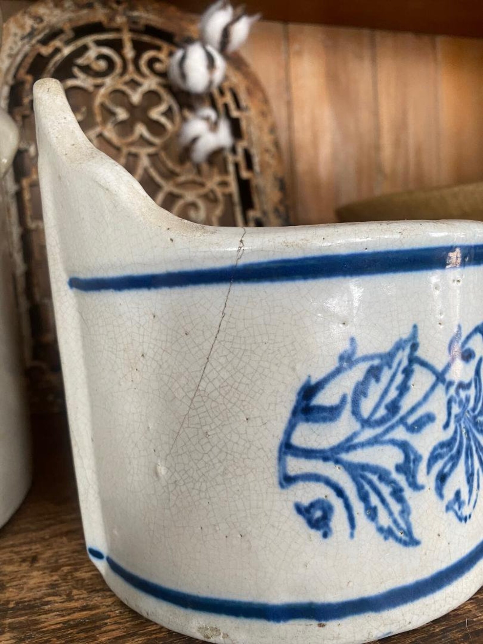 Gorgeous Antique Stoneware Salt Box With Cobalt Transfer no | Etsy