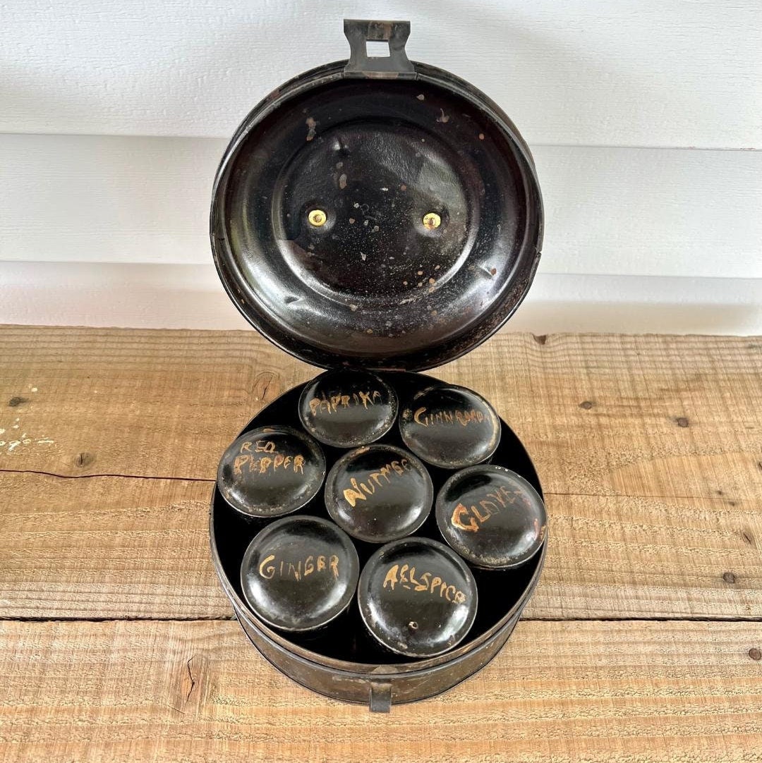 Wonderful & Rare Vintage Toleware Metal Spice Box With Seven Individual ...