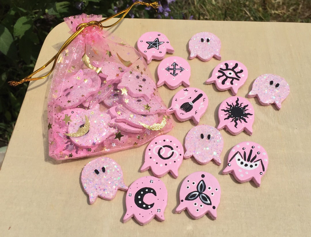 Glittery Kawaii Goth Witches Runes Cute Ghost Rune Set Black Pink ...