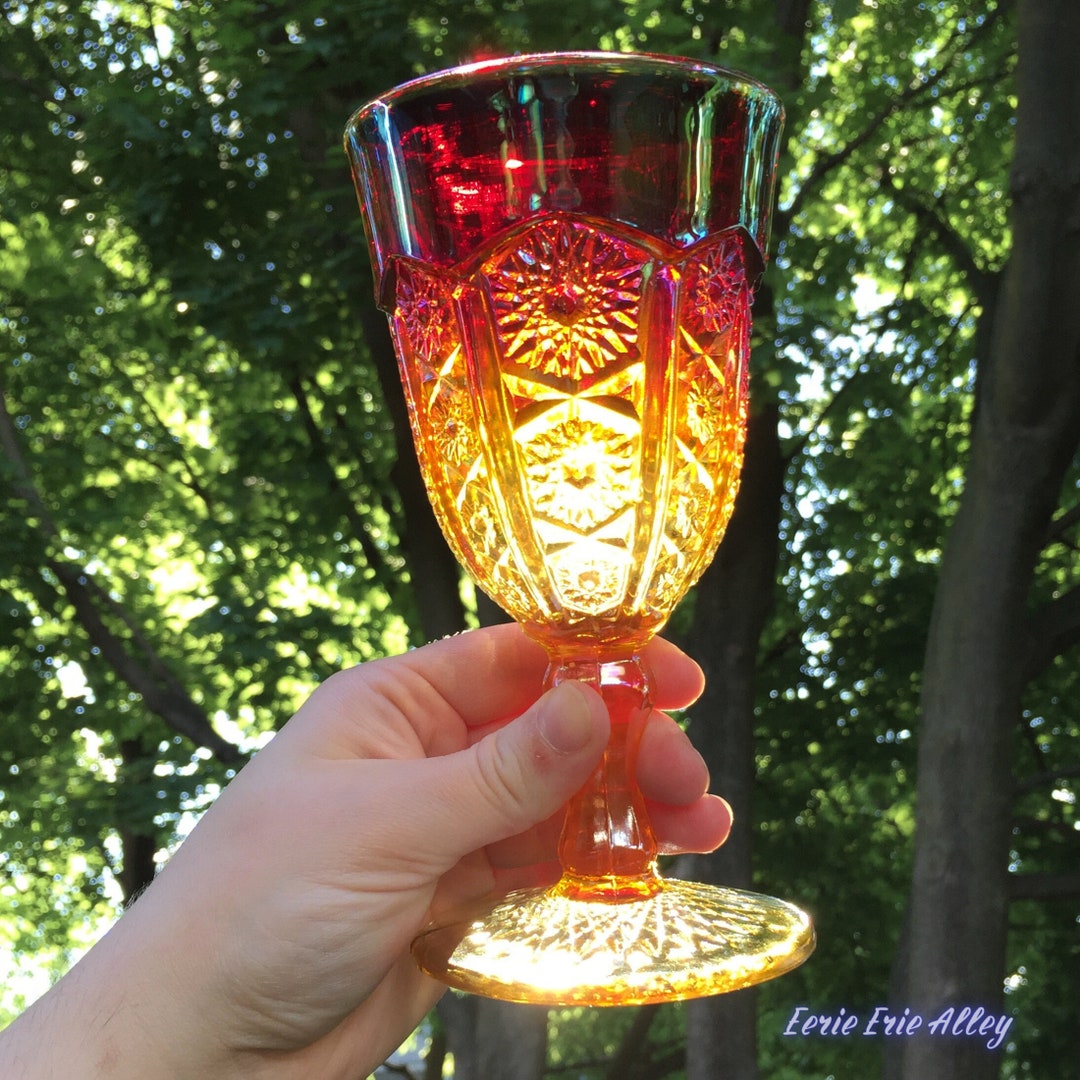 Vintage Glowing Goblet Sunset Carnival Glass Red Amberina Indiana Glass Company 70s Witchcraft ...