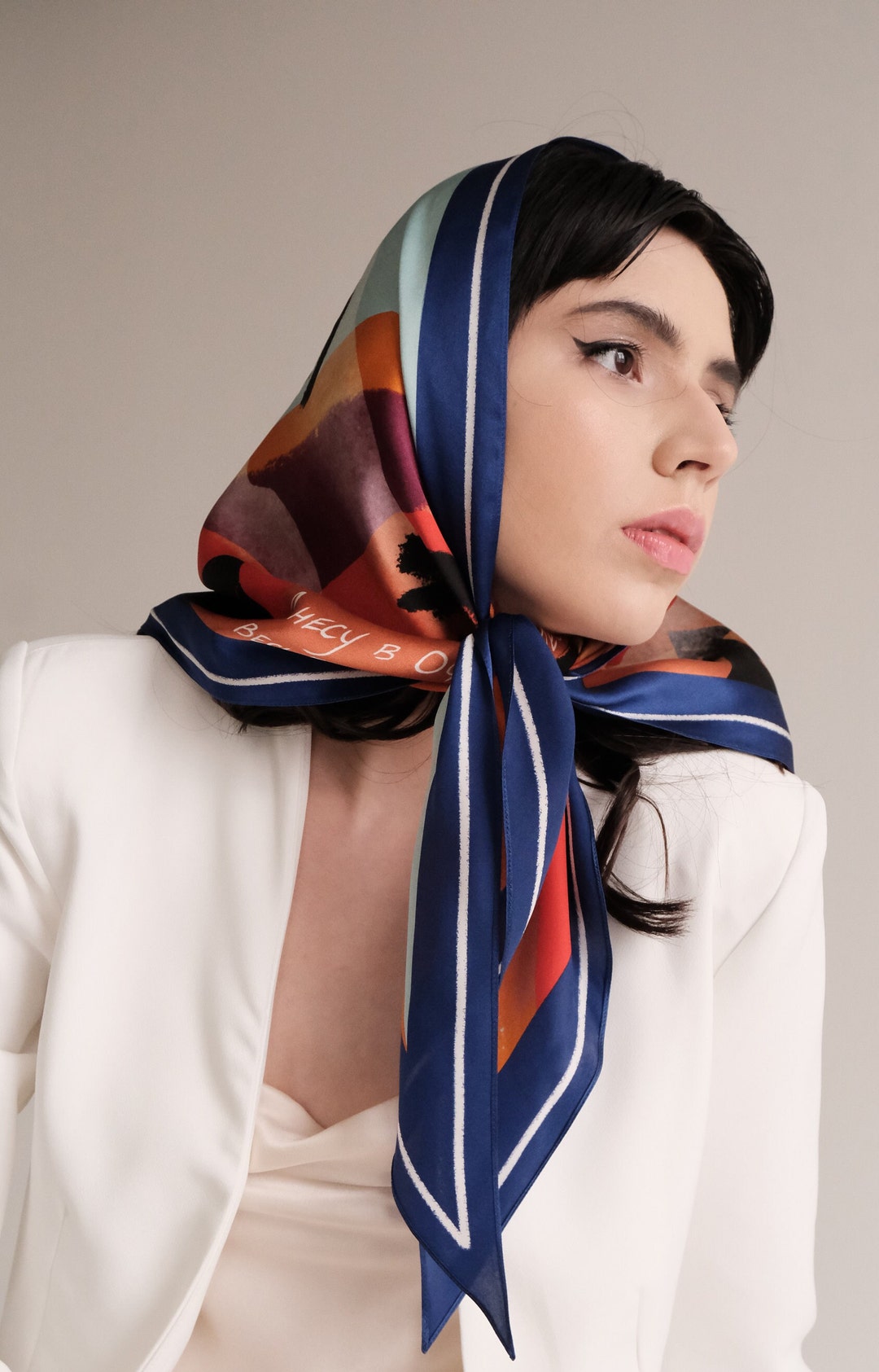 Silk Designed Kerchief, Large Silk Hair Scarf, Triangle Headscarf ...